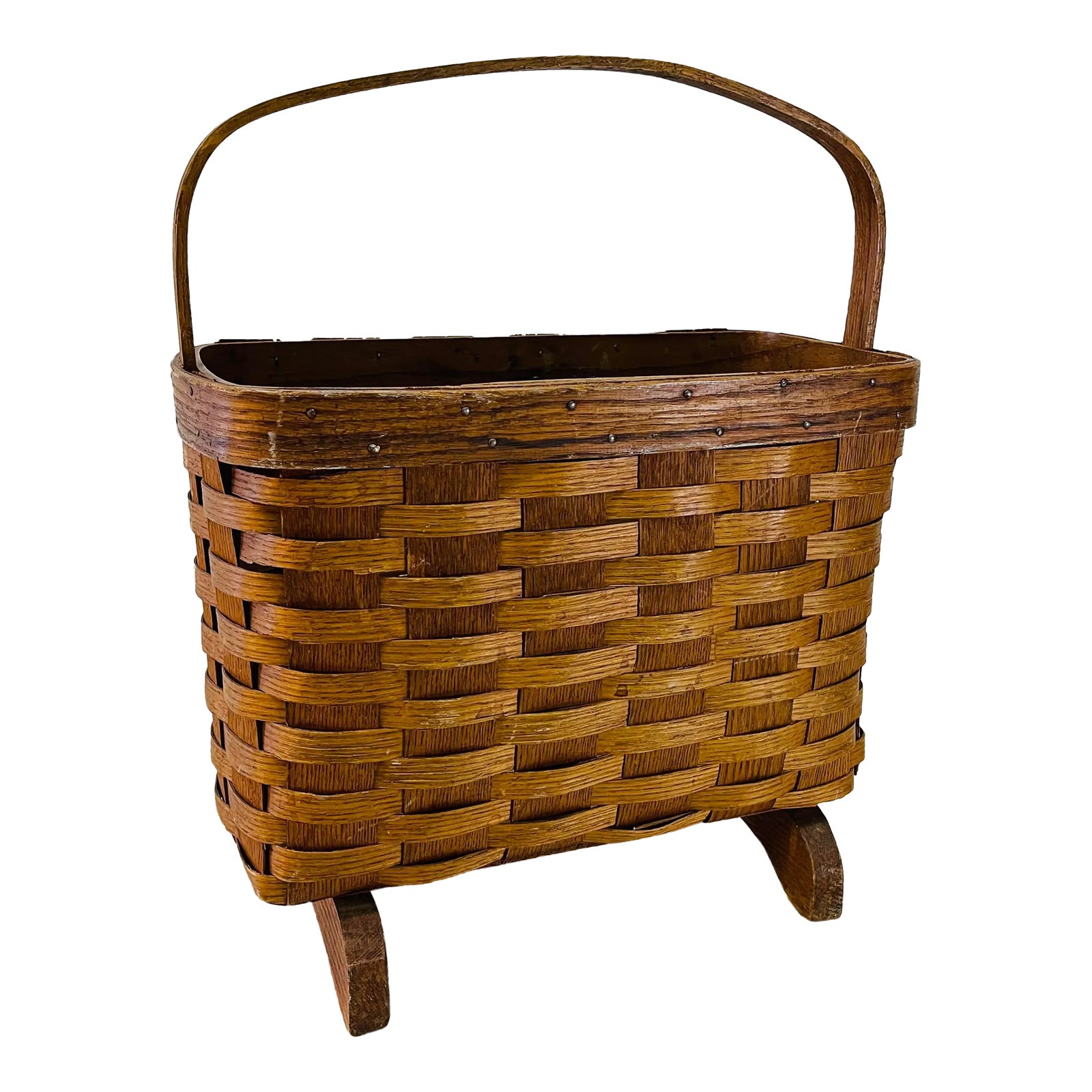 Vintage 1960s Oak Split Wood Handled Magazine Rack | Chairish