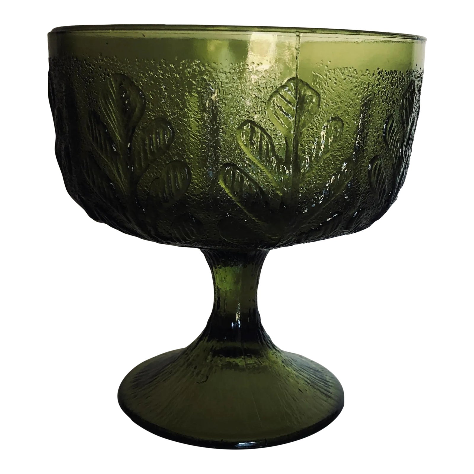 1970's Avocado Green Glass Compote | Chairish