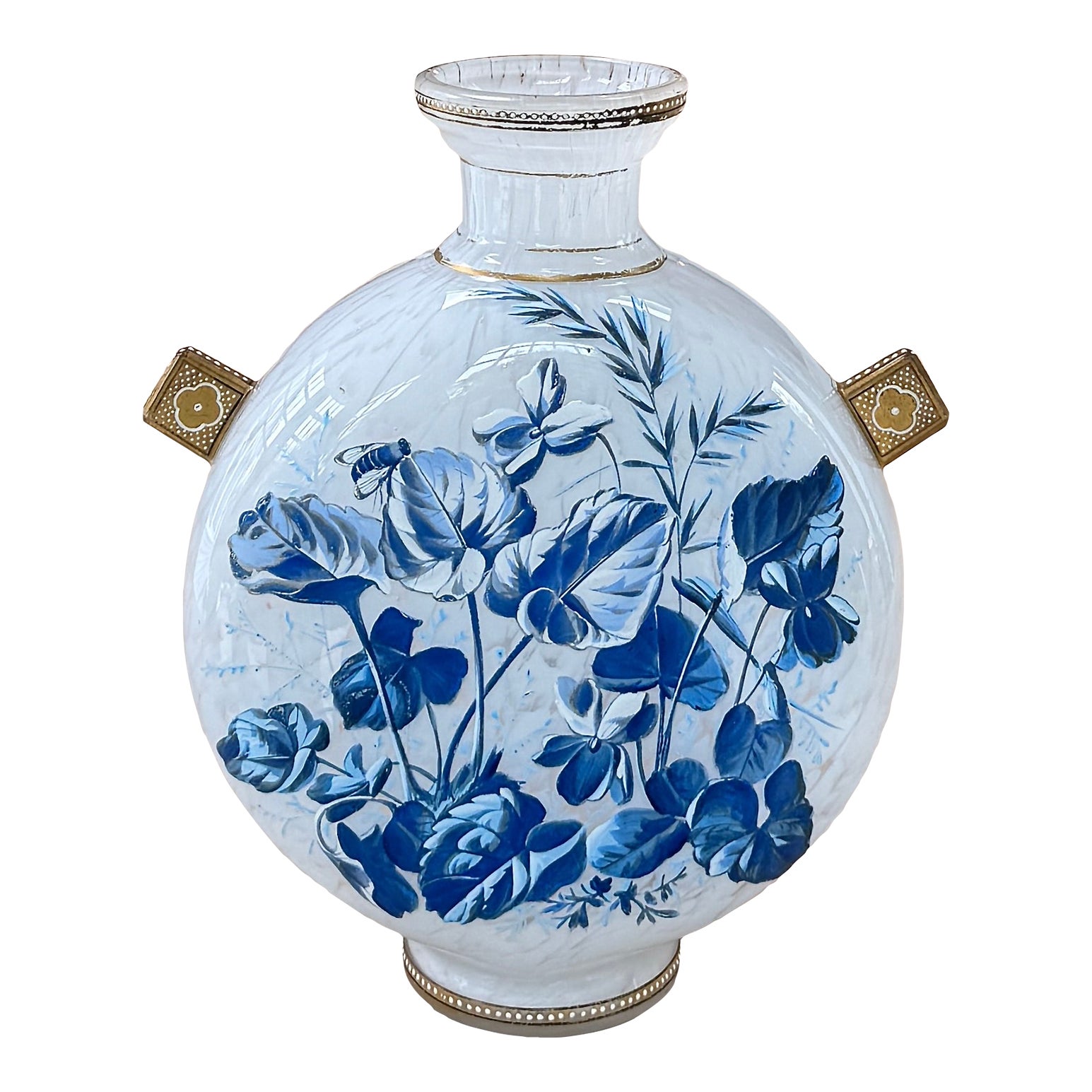 Blue & White Botanical Enameled Glass Pilgrim Vase Circa 1890 | Chairish