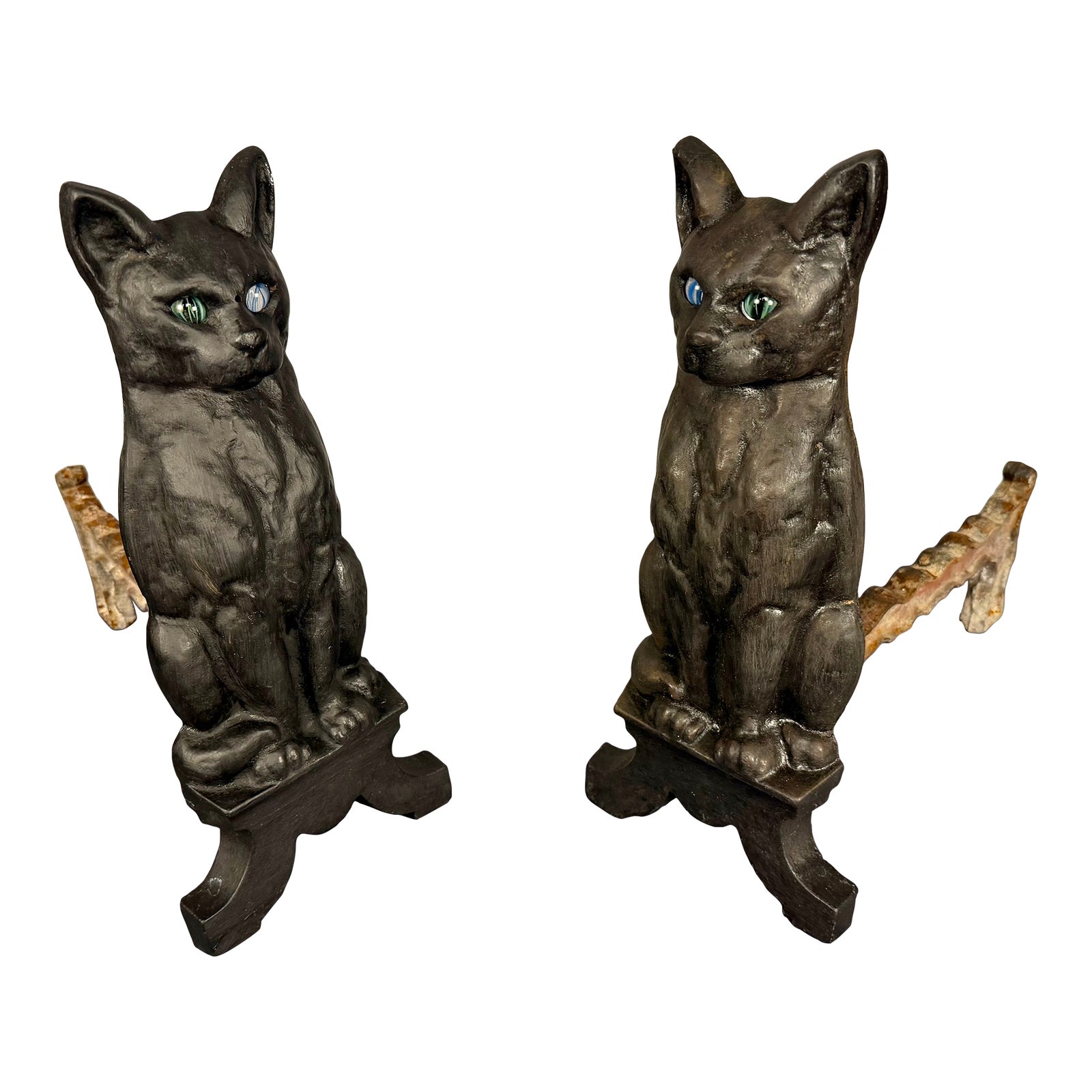 1930s Black Cat Iron Andirons With Glass Marble Eyes | Chairish