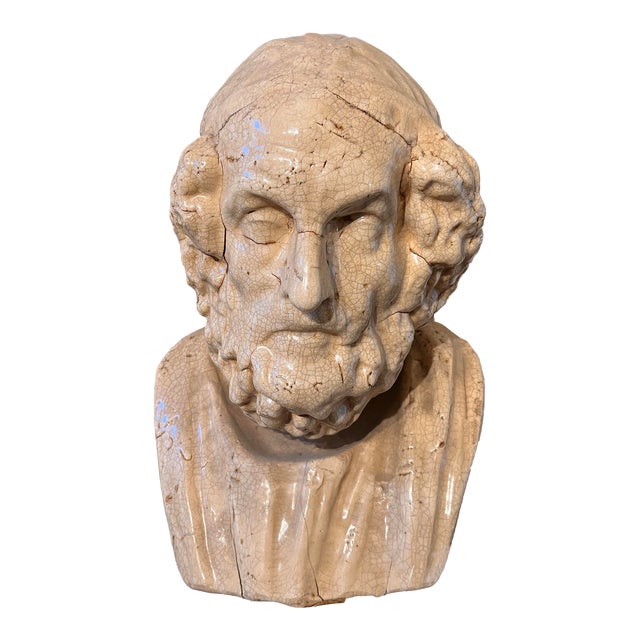 Grand Tour Revival Classical Large Glazed and Crackled Bust of Homer ...