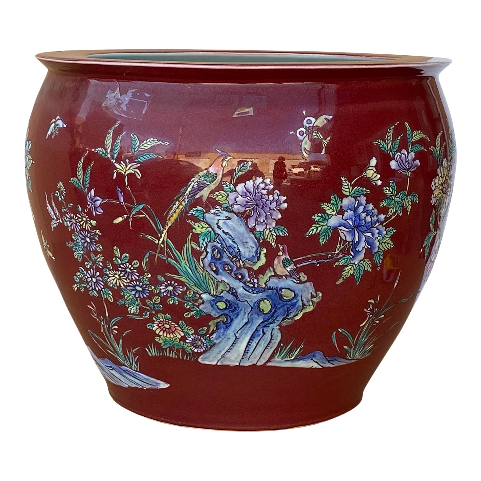 Chinese Oriental Vintage Porcelain Red Flower Birds Graphic Pot | Chairish