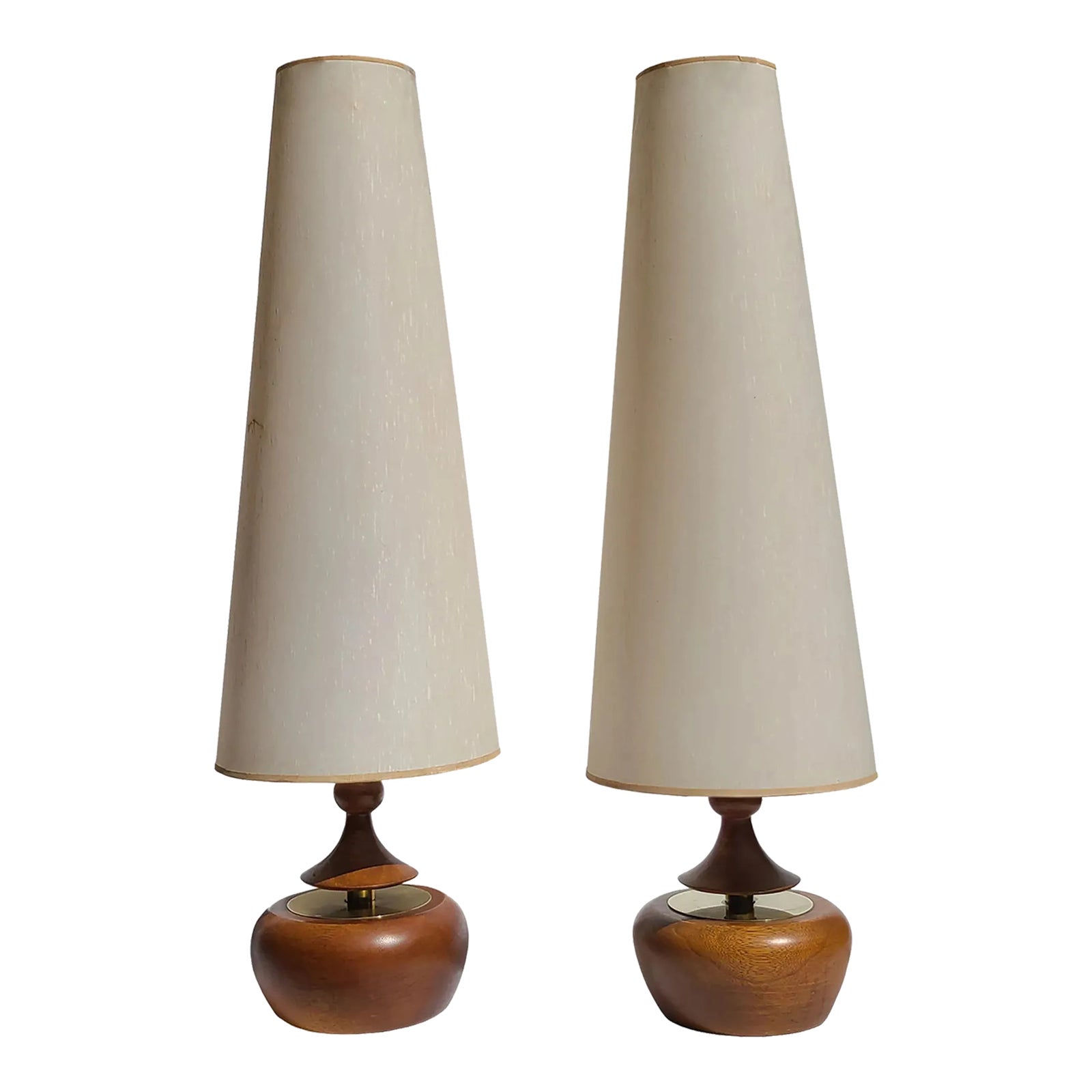 Pair of Mid 20th Century Walnut & Brass Lamps With Original Shades by ...