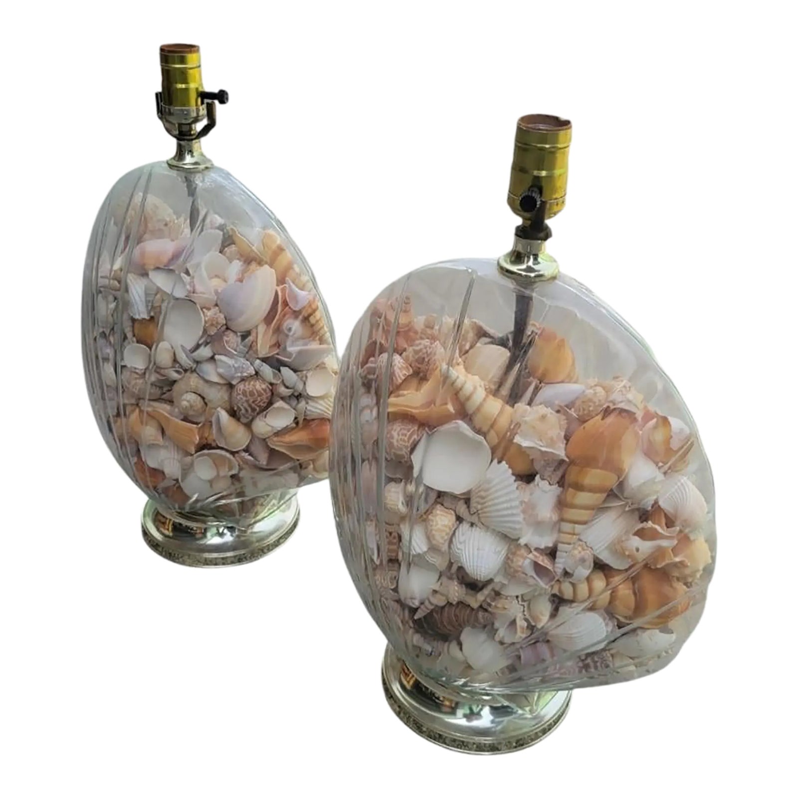 Vintage Glass Clam Shell Shape Filled With Seashells Coastal Table ...