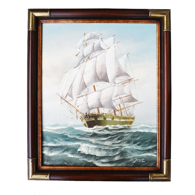 Nautical Maritime Ship at Sea Framed Brass Oil Painting on Canvas ...