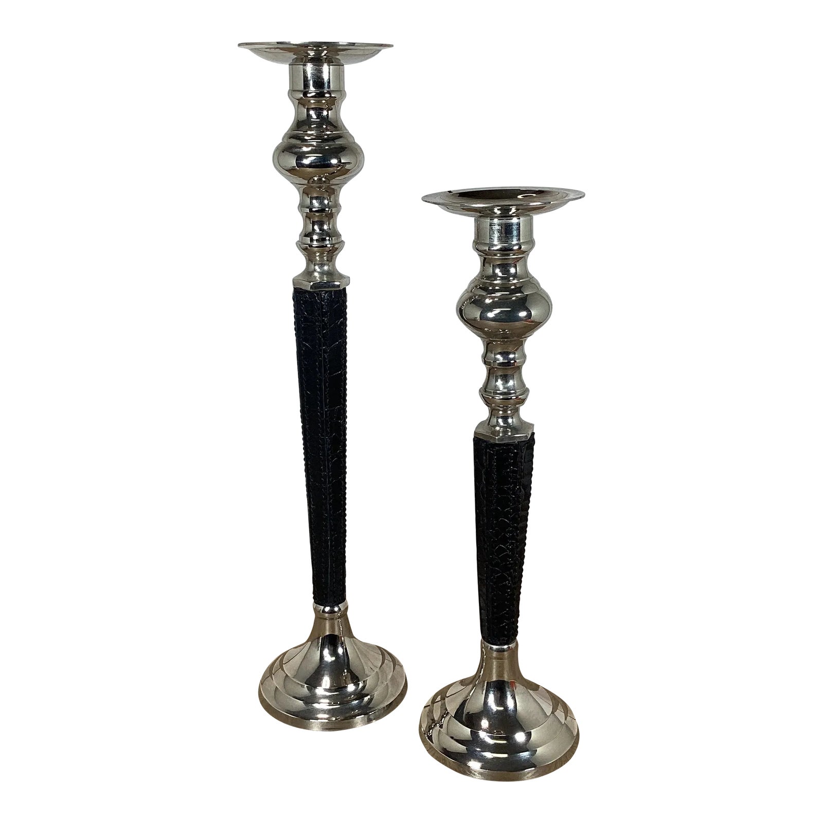 Pair of Late 20th Century Silver and Black Leather Candlesticks | Chairish