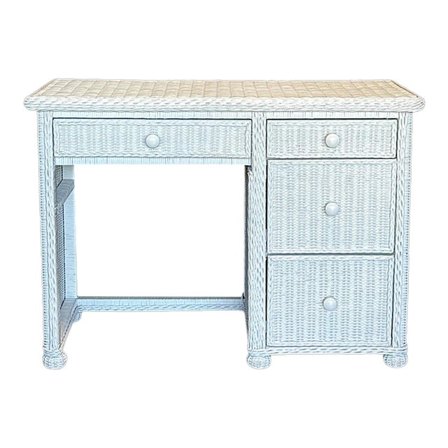 Vintage White Wicker Desk or Ladies Vanity With Four Drawers | Chairish