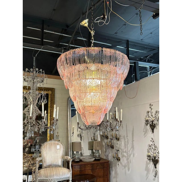 Modern Pink Murano Glass Waterfall Chandelier | Chairish
