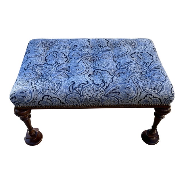 Vintage Blue Paisley Ottoman with Mahogany Legs | Chairish