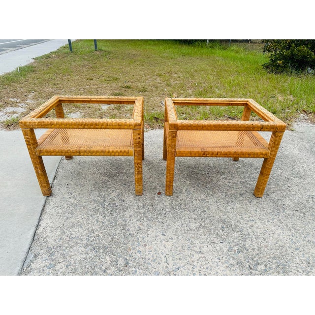 Billy Baldwin Rattan Glass Top Side Tables, a Pair | Chairish