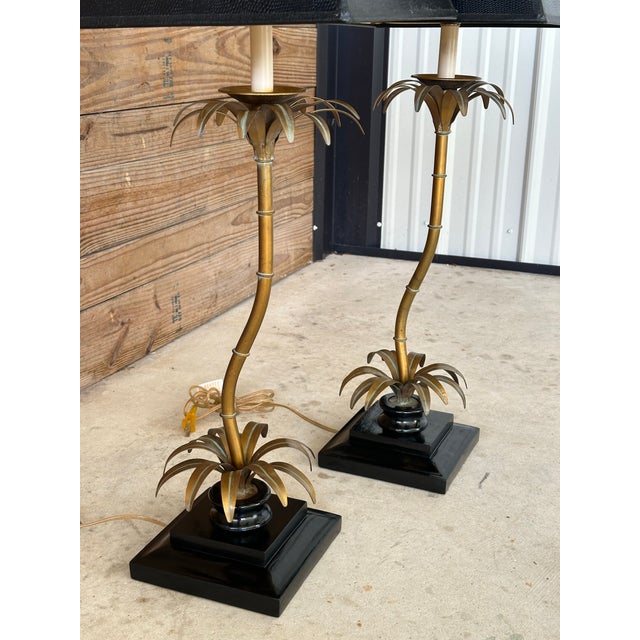 Vintage Coastal Regency Gild Metal Tole Palm Tree Table Lamps-Pair ...