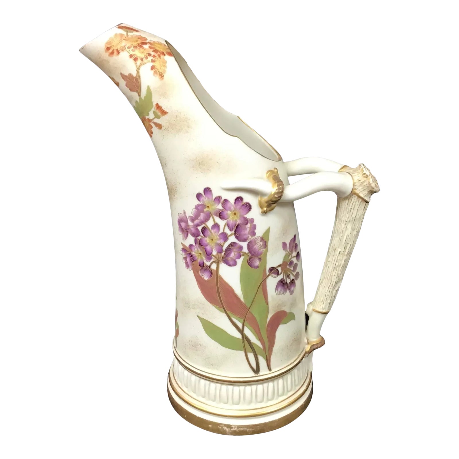 Royal Worcester Antique Porcelain Antler Handled Pitcher | Chairish