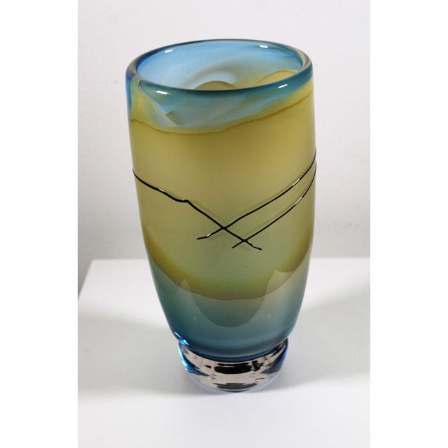1986 Jack Schmidt Postmodern Studio Yellow & Blue Hand Blown Glass Vase ...
