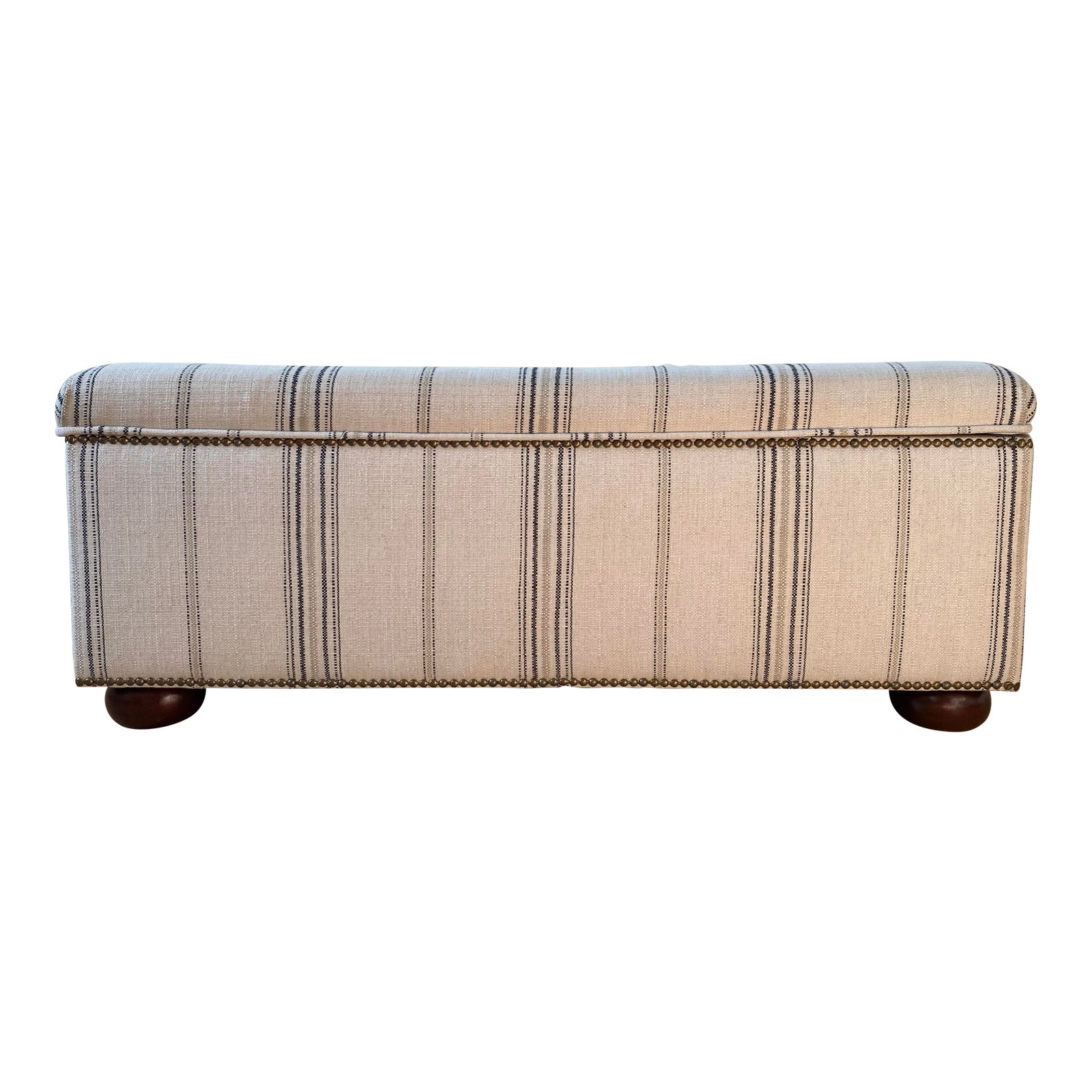 Neutral Striped Linen Fabric Upholstered Bench | Chairish
