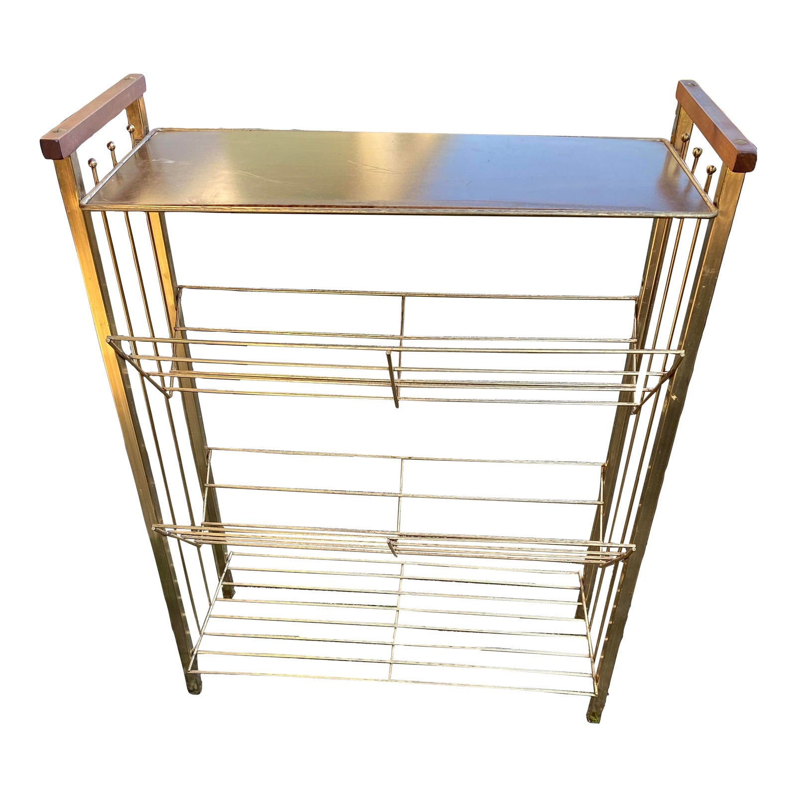 1960s Vintage Brass Wire Stand Walnut Handle Bookstand Rack | Chairish