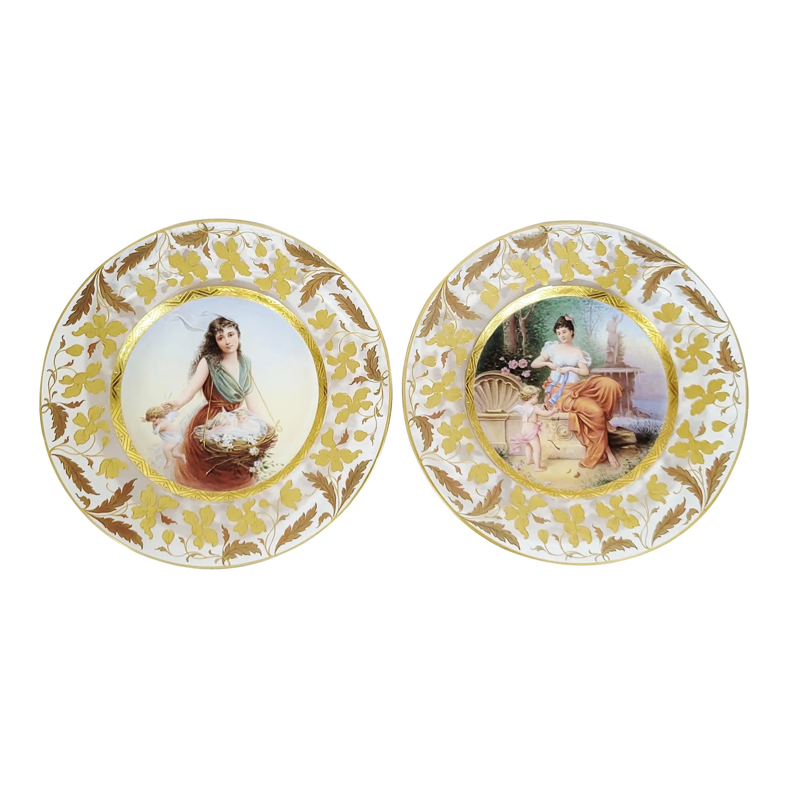 Pair of Museum Antique Austrian 19th C Painted & Gilt Glass Plates by ...