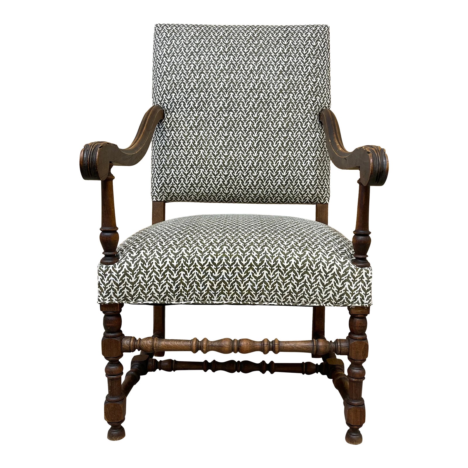 Late 20th Century Louis XIII Style Upholstered Arm Chair | Chairish