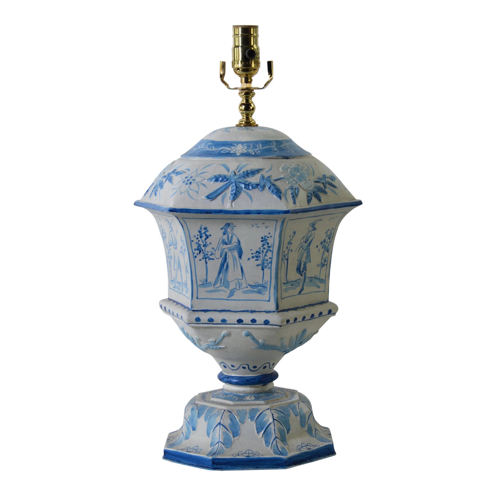 Blue & White Tole Hexagon Lamp in Delf Design | Chairish