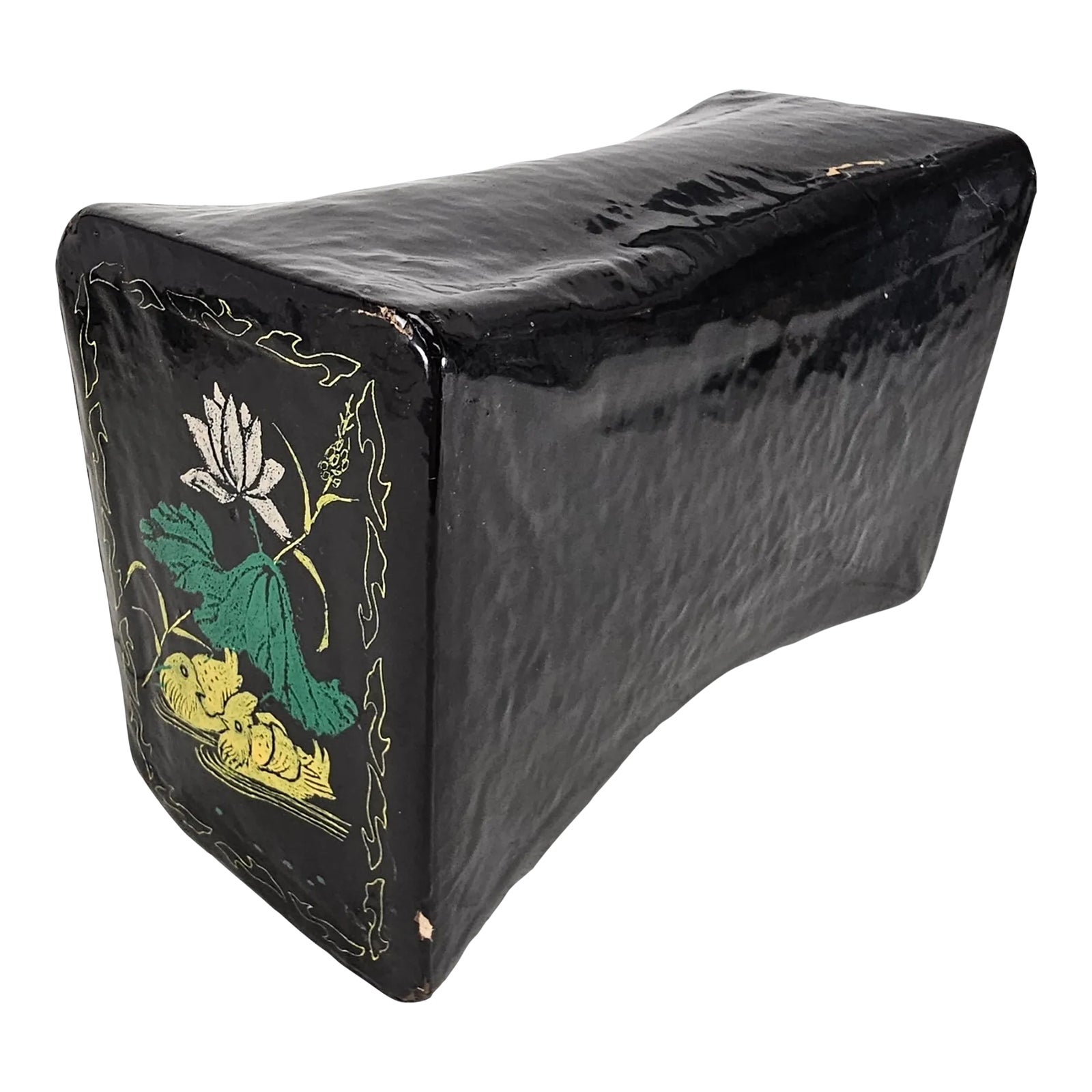 Chinese Opium Pillow Black Lacquer Leather Birds Design | Chairish