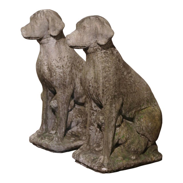 French Weathered Carved Stone Labrador Dog and Puppy Sculptures - Set ...