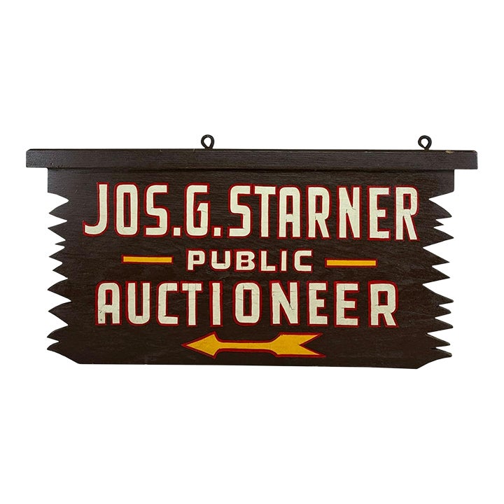 Vintage Folk Art Wood Double Sided Auctioneer Hanging Sign | Chairish