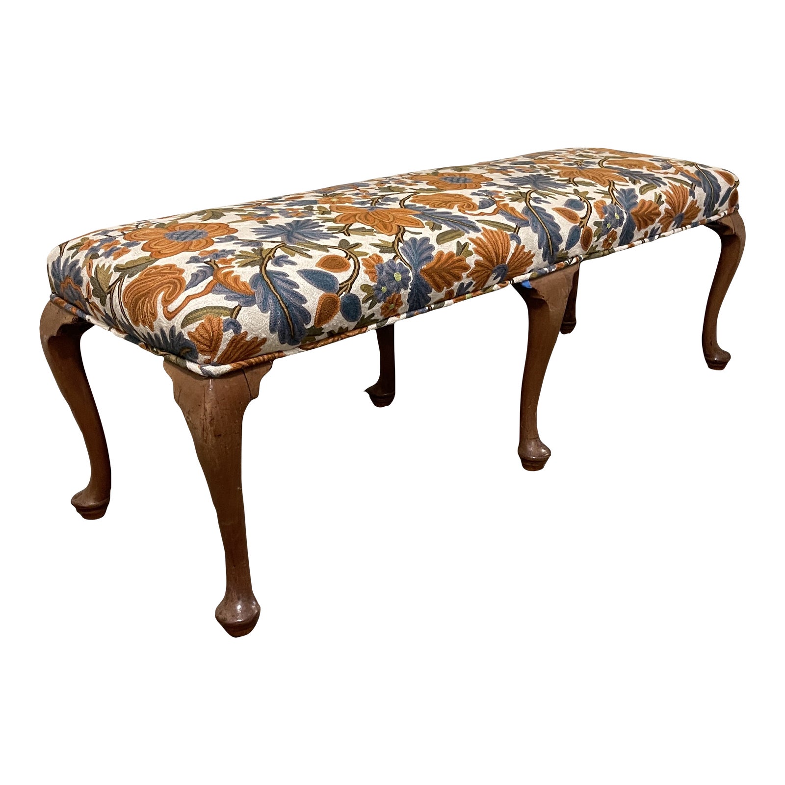 Long Queen Anne Bench With Crewel Work Upholstery | Chairish