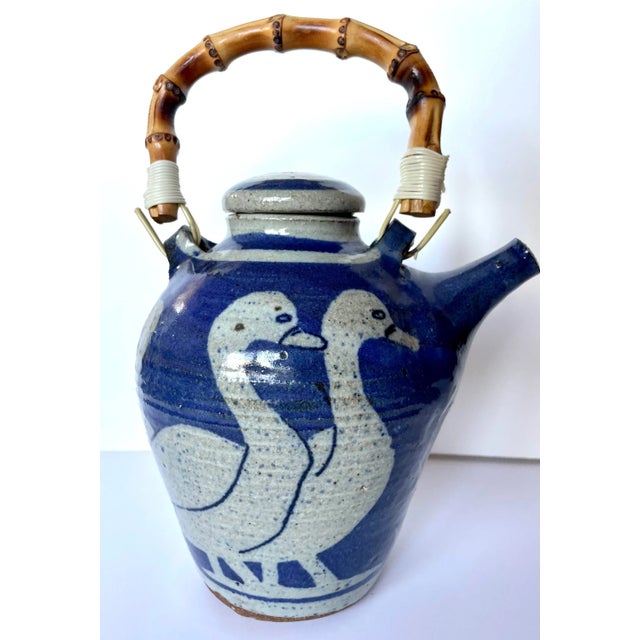 Vintage Studio Pottery With Goose Motive Tea Pot With Bamboo Handle ...