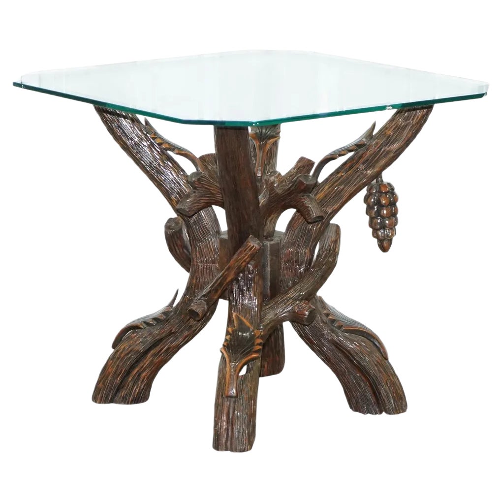 Black Forest Side Table with Glass Top & Wood Carvings of Leaves & Grapes | Chairish
