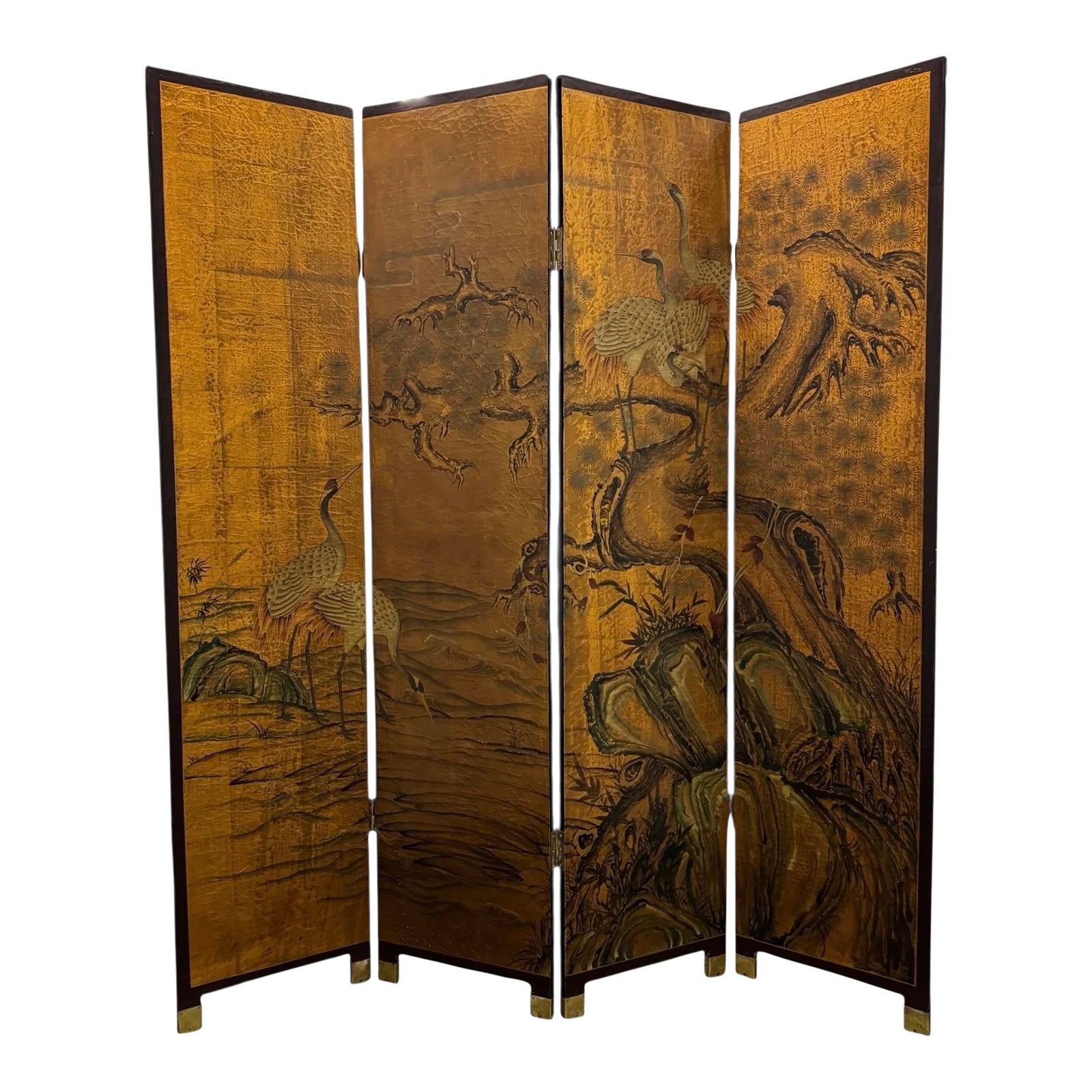 Vintage Hand Painted Four-Panel Asian Screen Featuring Cranes ...