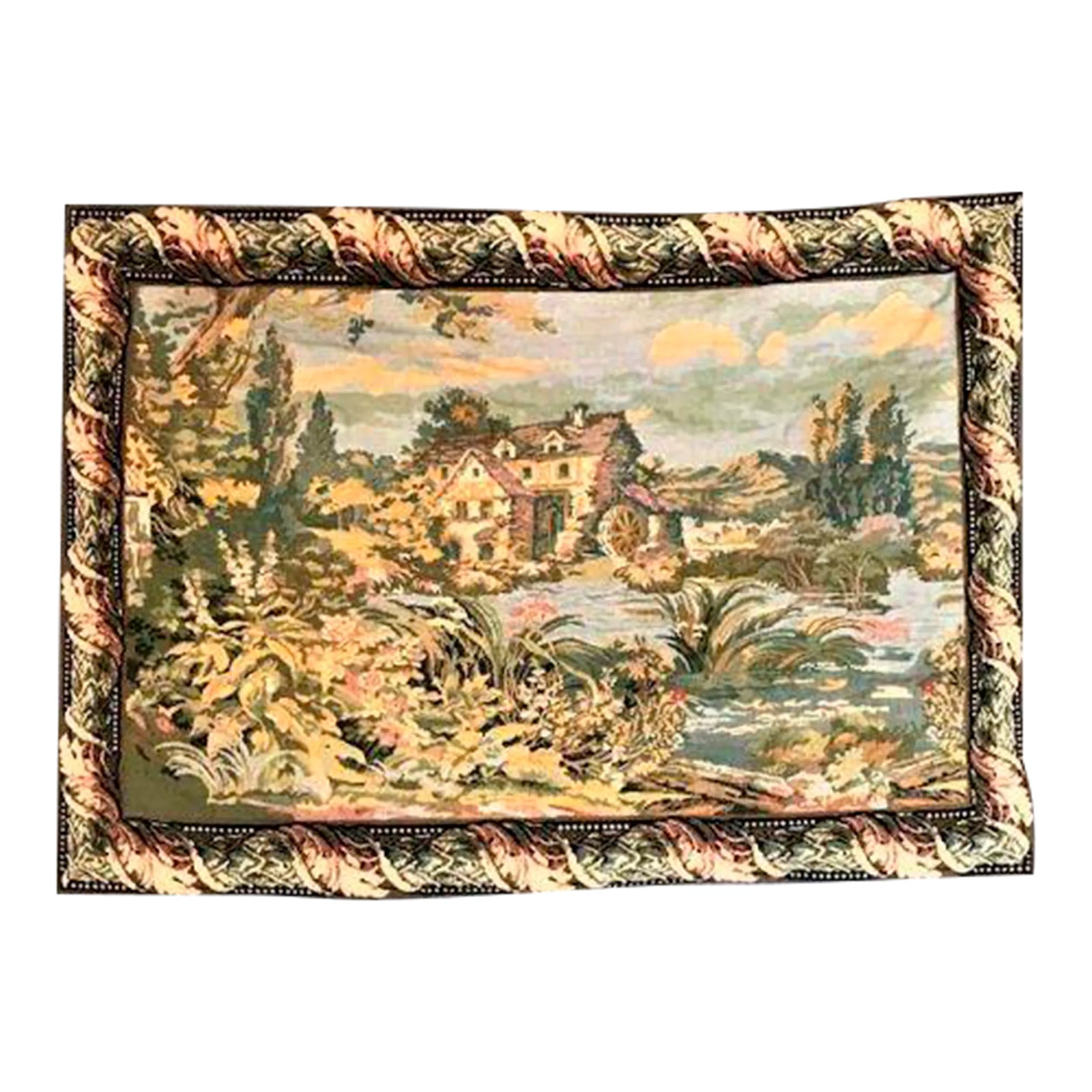 1970s Tapestry With Country Mill and Water Scene | Chairish