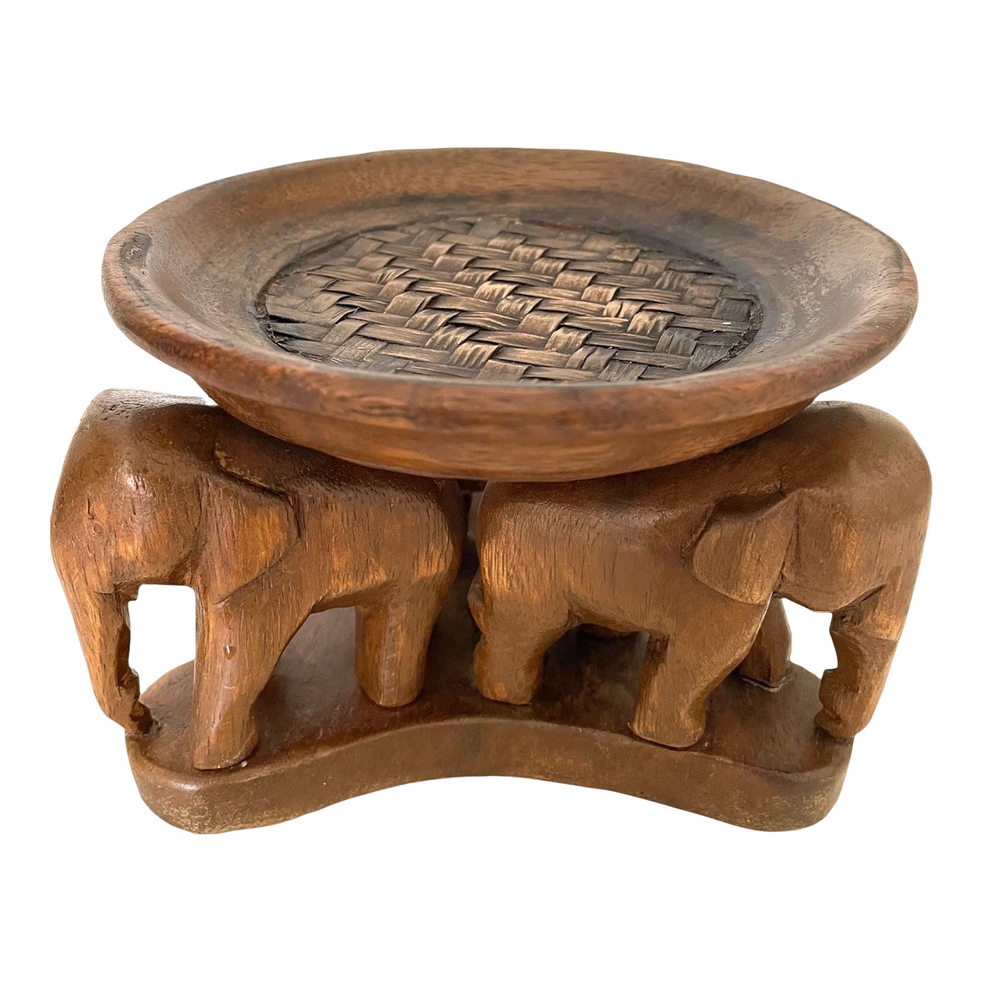 Mid 20th Century Hand-Carved Wood Elephant Rattan Plant Stand ...