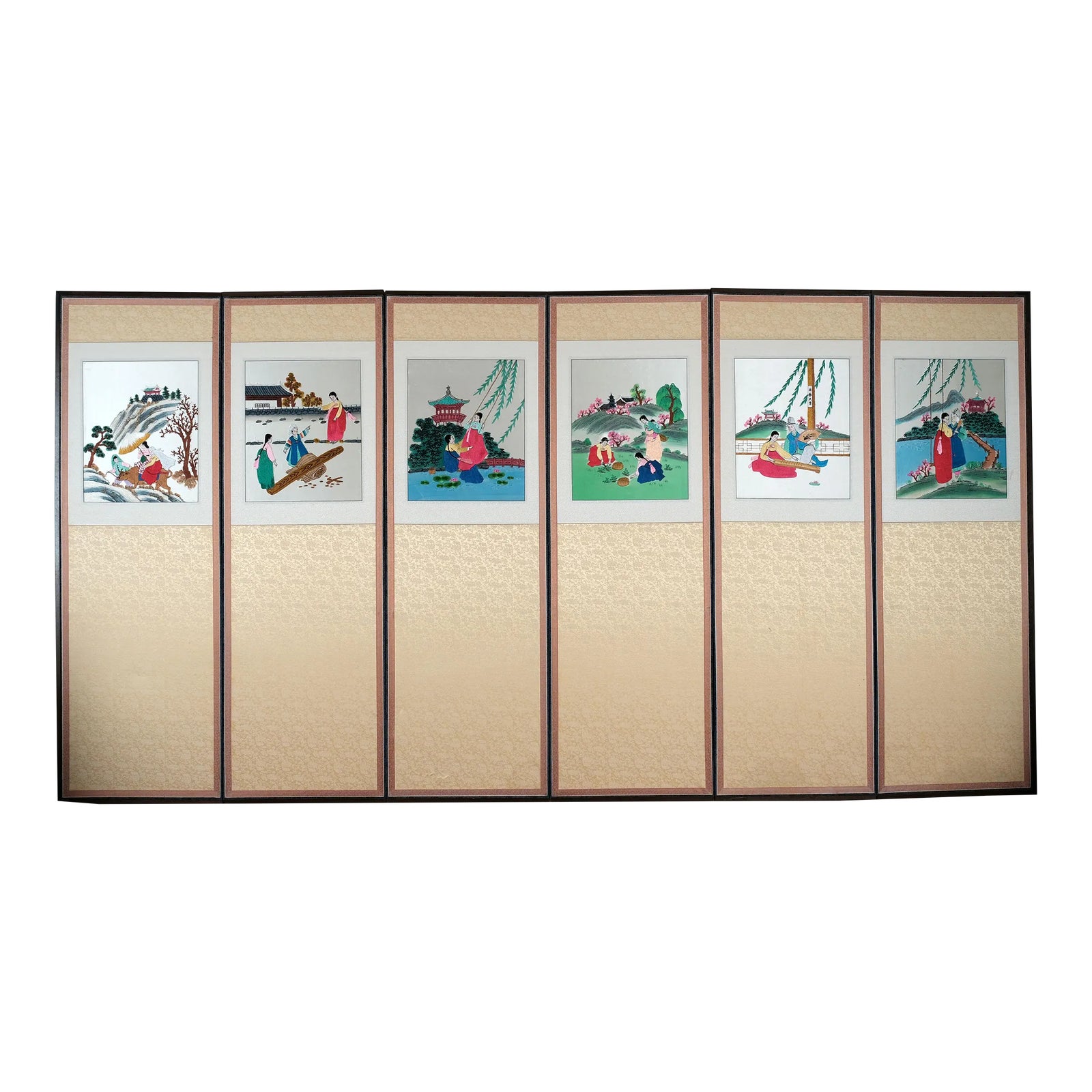Korean 6-Panels Byeongpung / Byobu Traditional Life Embroidered Stories ...