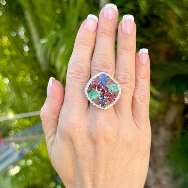 1960's Tutti Frutti Carved Emerald Sapphire Ruby Diamond 18kwg Cocktail ...