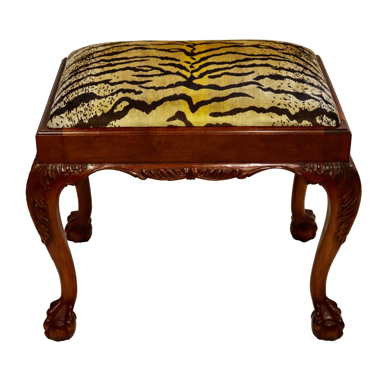 Vintage Georgian Hand Carved Mahogany Bench With Tiger Stripe Velvet ...