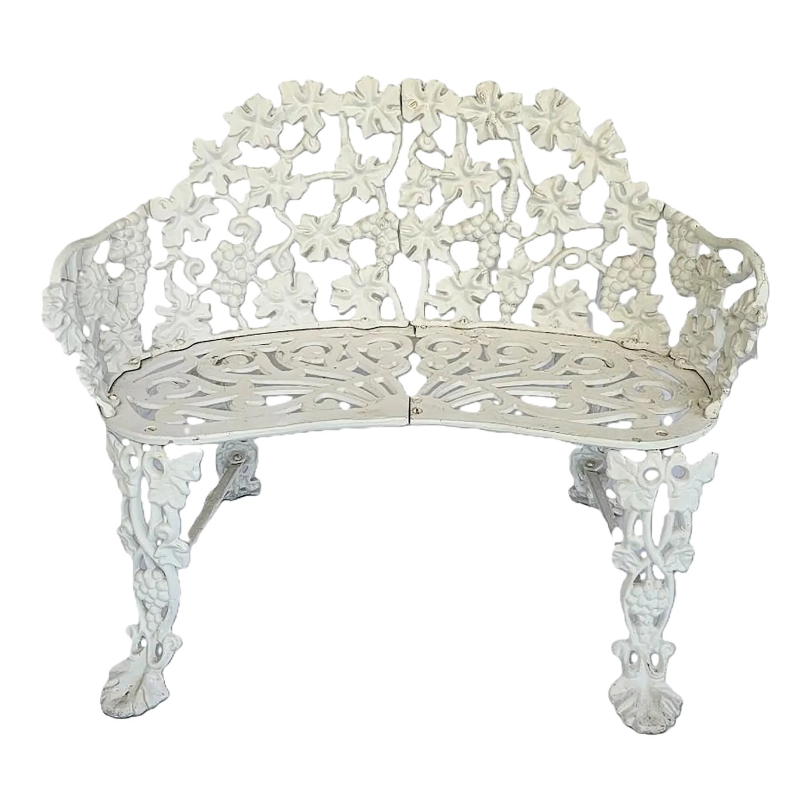 Antique 1950s Cast Aluminum Grape Leaf & Vine White Patio Bench | Chairish