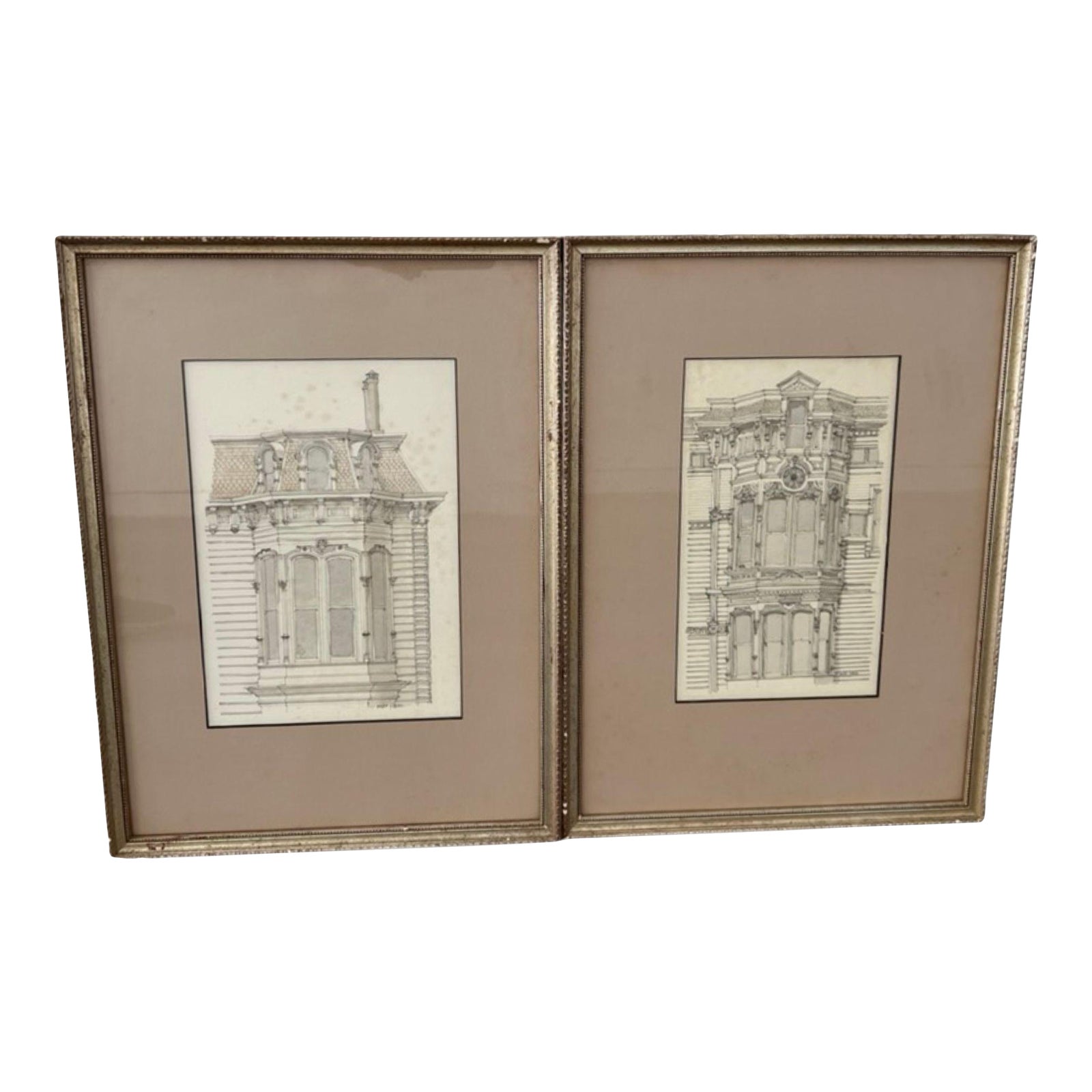 1970s Vintage Pair of Framed Architectural Drawings of Victorian Homes ...