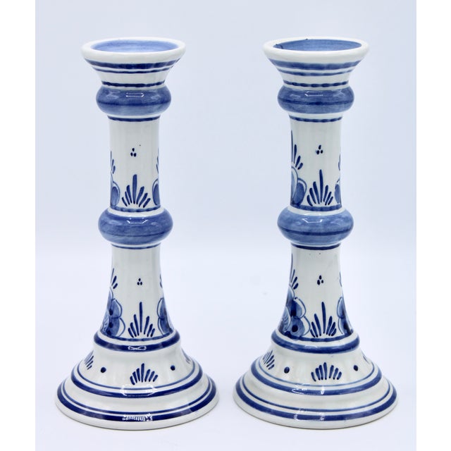 Vintage Blue and White Dutch Delft Ceramic Candlesticks | Chairish