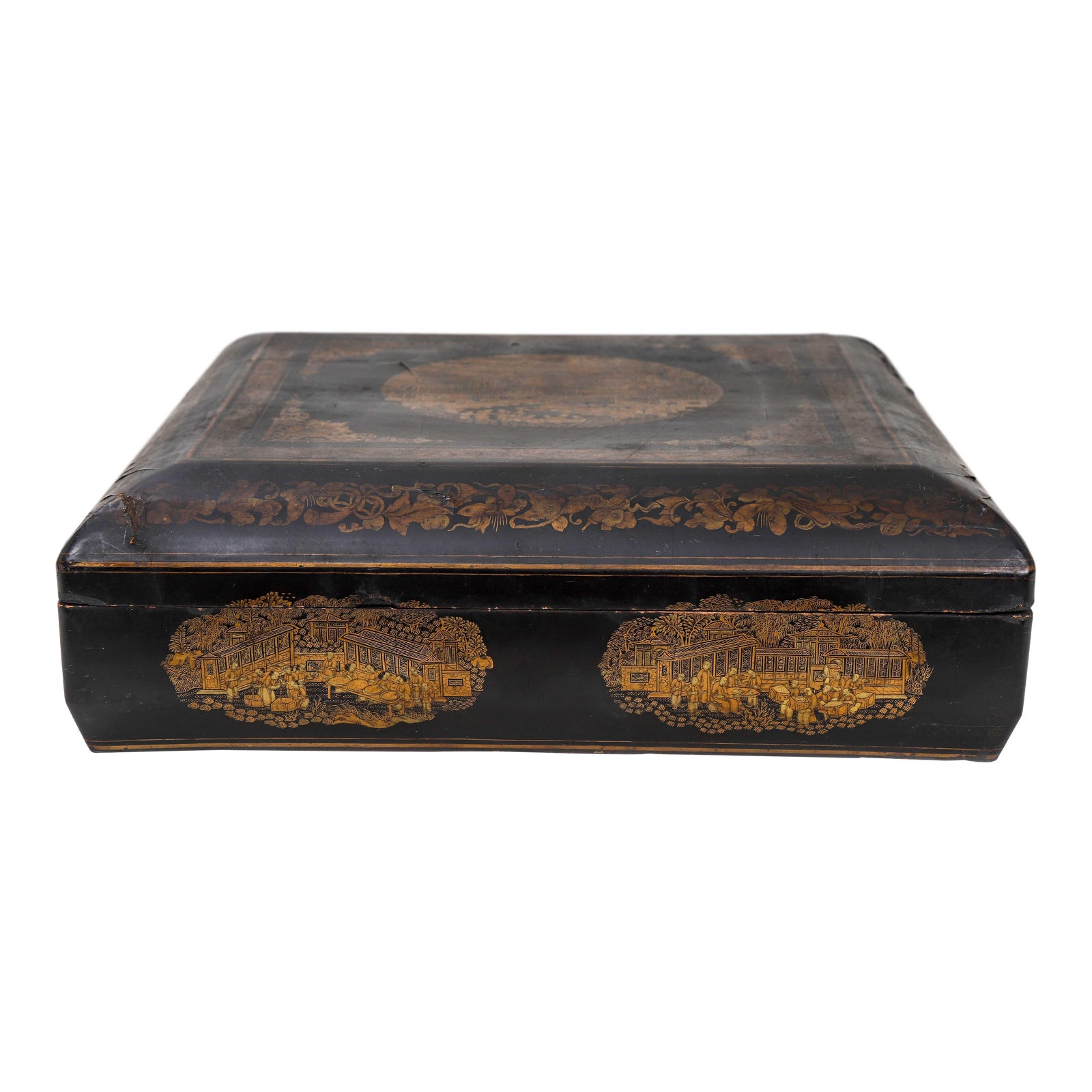 Vintage Dark Wooden Lacquer Box With Gold Color Detail | Chairish