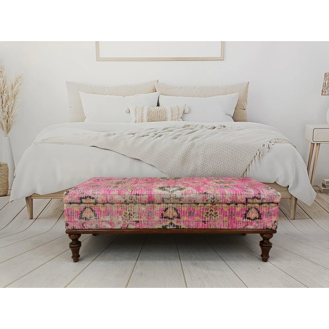 Bohemian Pink Rug Upholstered Storage Bench | Chairish