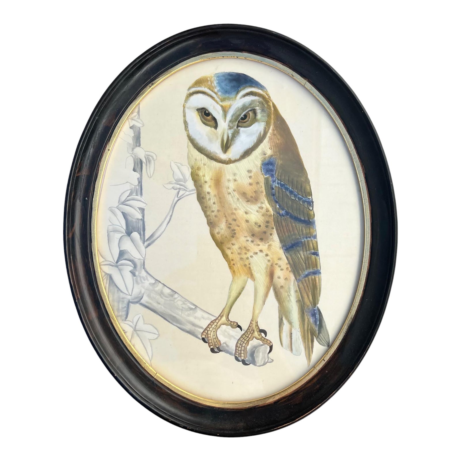 Vintage Original Owl Painting on Silk in Oval Frame | Chairish