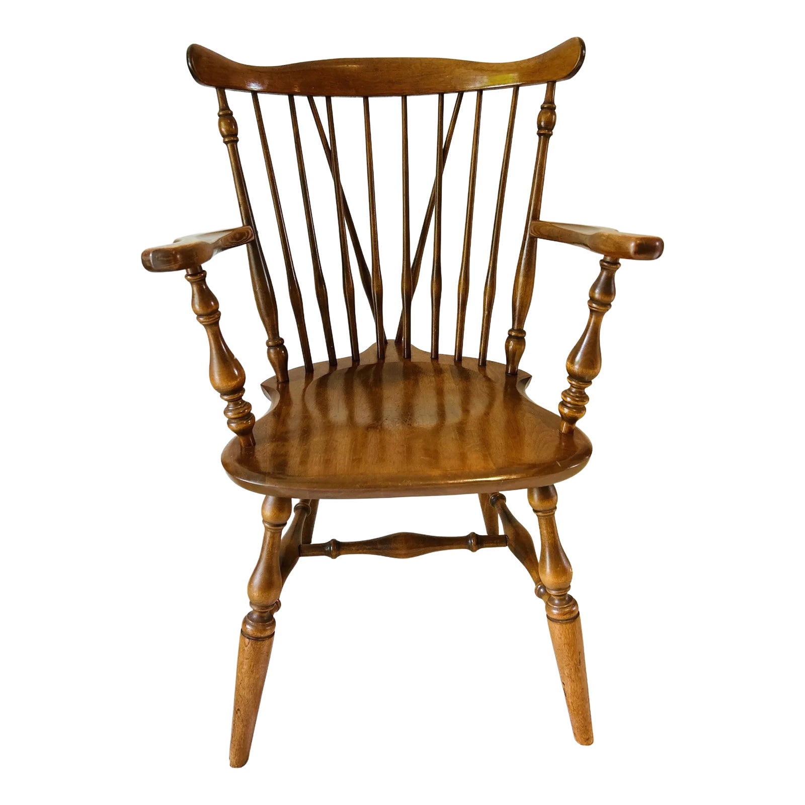 1960s Vintage Ethan Allen Duxbury Windsor Nutmeg Maple Fiddle Back Arm Chair | Chairish