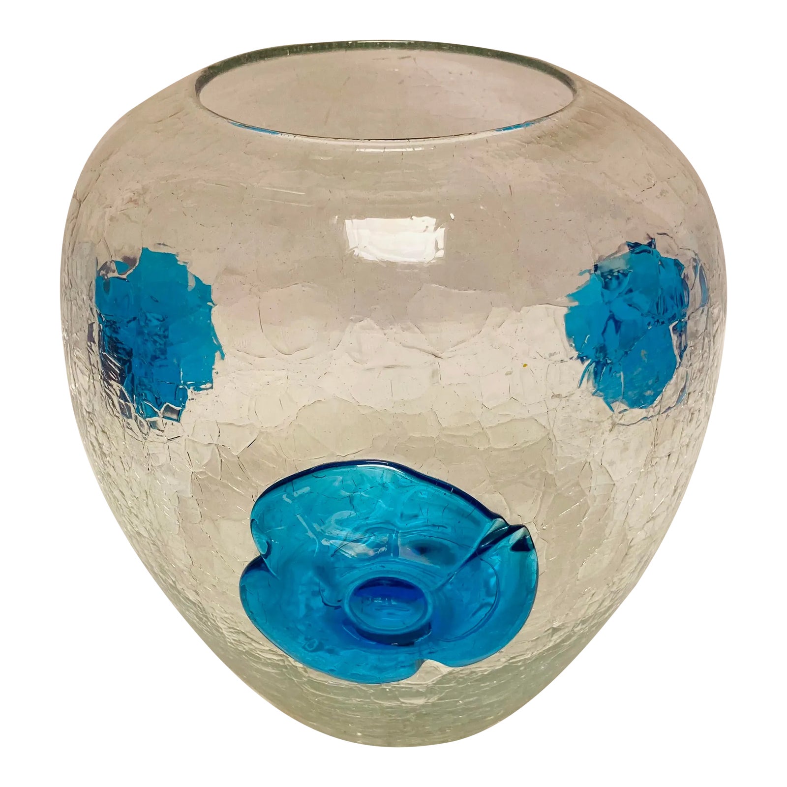 Vintage Blenko 423S Hand-Blown Crackle Vase With Applied Blue Flower ...