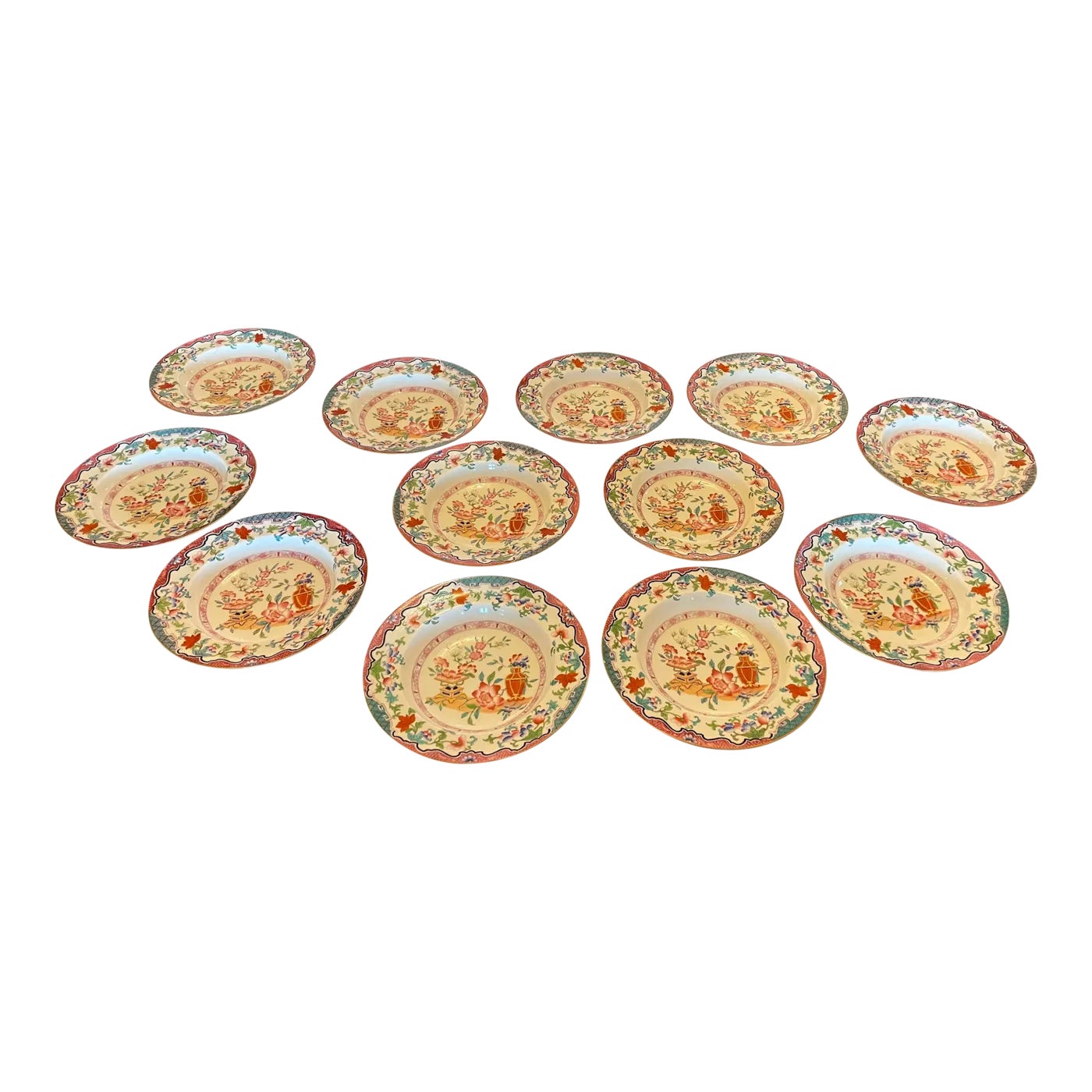 Mid 19th Century Minton Poonah Pattern Rimmed Bowls- Set of 12 | Chairish