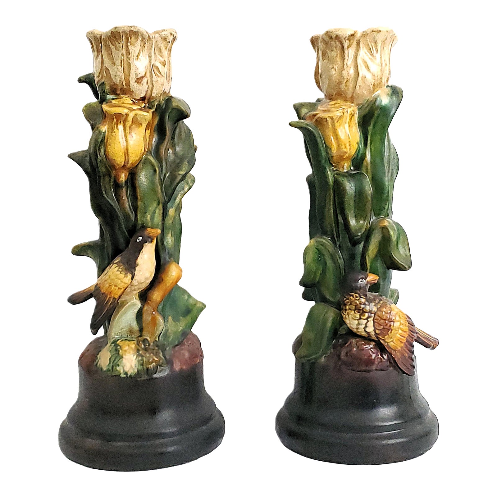 Majolica Candlesticks With Birds - A Pair | Chairish
