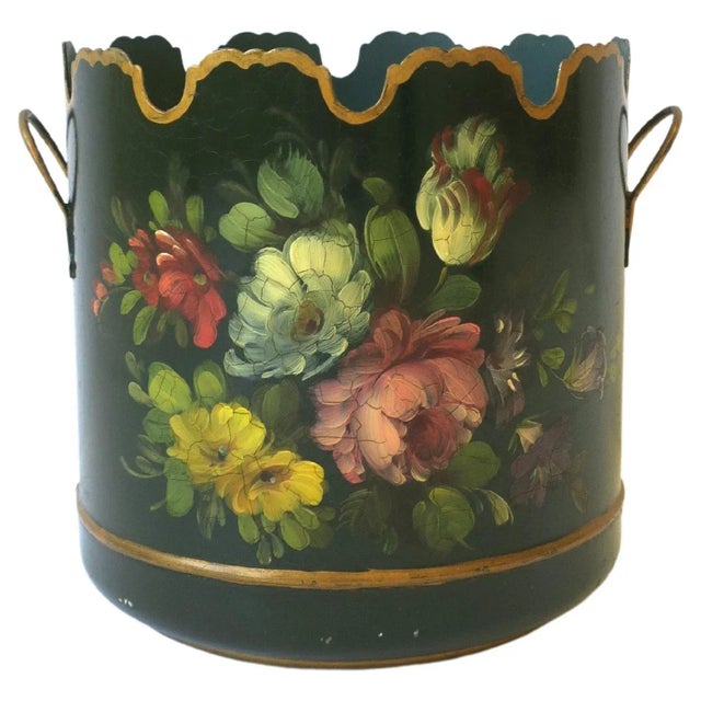 French Tôle Green & Gold Jardinière Cachepot with Scalloped Edge, Early ...