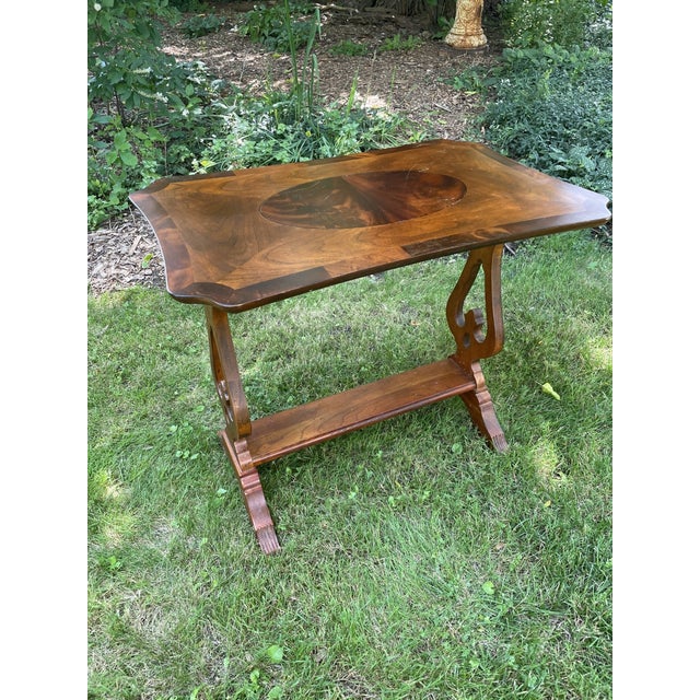 Early 20th Century French Lyre Base Inlaid Mahogany Table | Chairish
