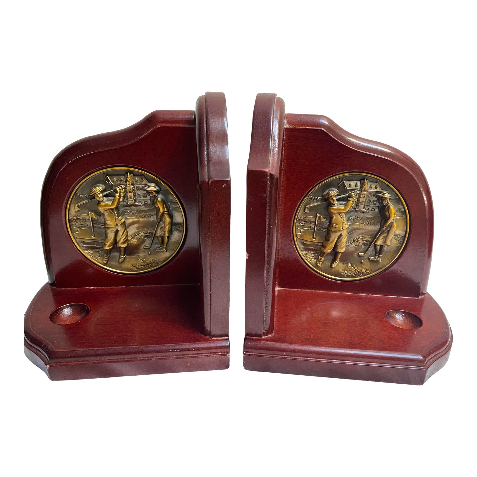Vintage 1980s Bronze Scottish Castle Couple Golfing Mahogany Bookends ...