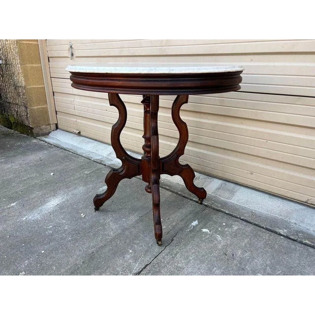Antique Victorian Style Walnut Marble Top Side Table. | Chairish