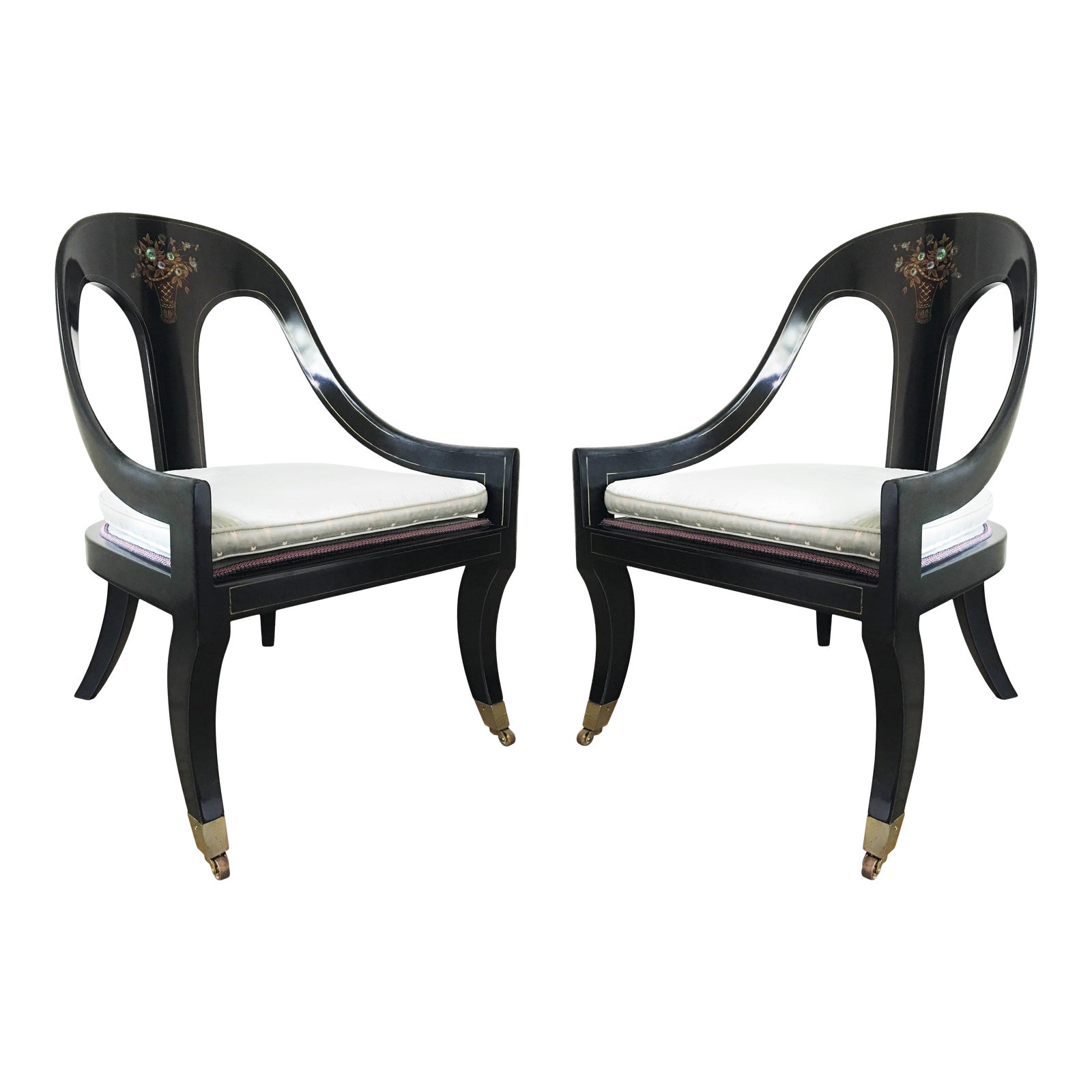 Lacquered and Mother of Pearl Inlaid Spoon Back Chairs - A Pair | Chairish
