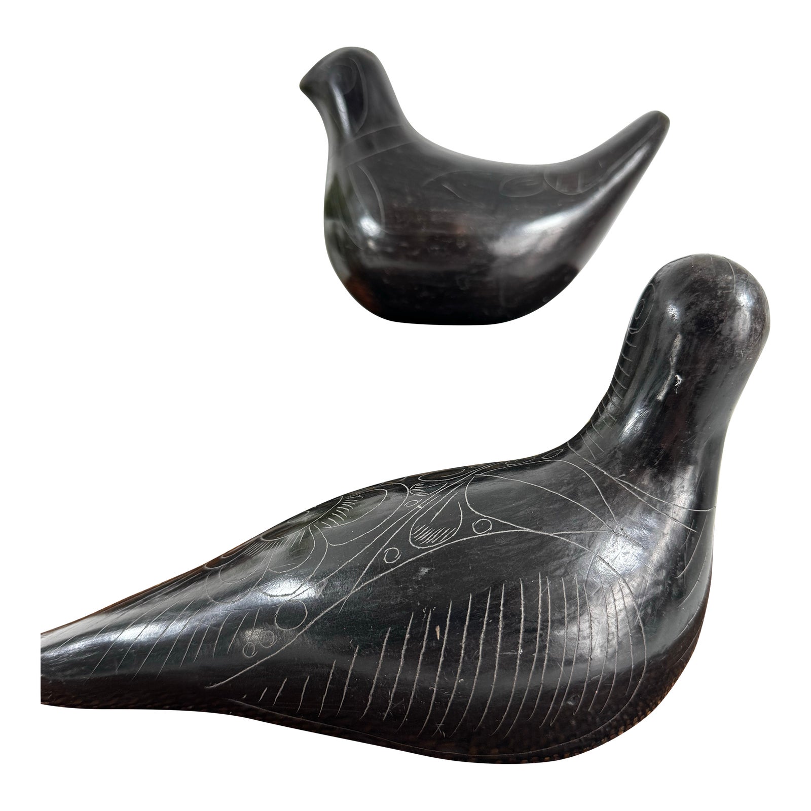 Pair of Vintage Mexican Black Clay Bird Sculptures, Mid-Century Folk ...